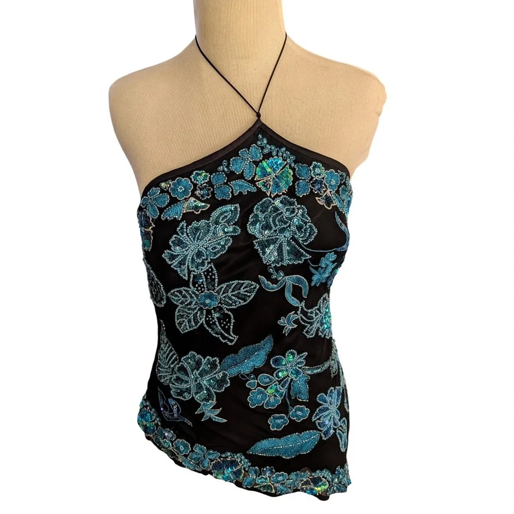 Scala | Tops | Vintage Scala Silk Halter Top Small Blue Beaded Floral ...